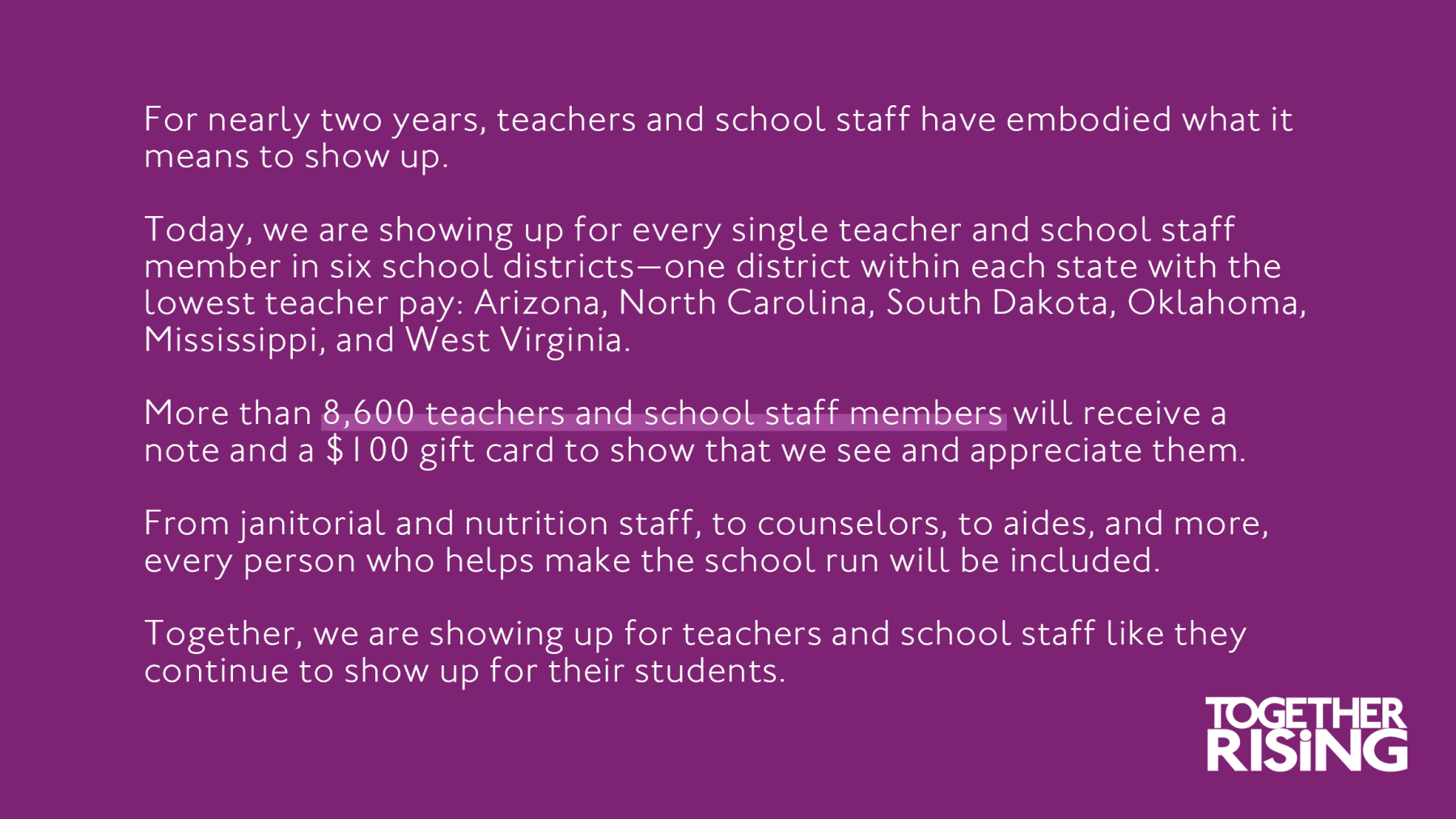 Appreciation for more than 8,600 teachers across 116 schools in six ...